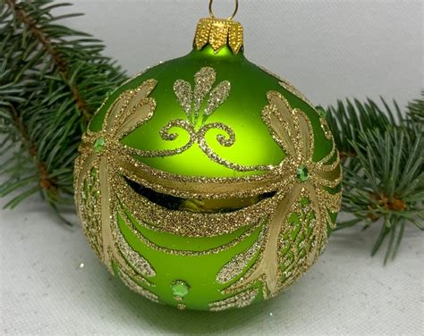 Green With Gold Pattern Christmas Glass Ball Glitter Xmas Ornaments