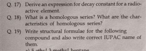 Q 17 Derive An Expression For Decay Constant For A Radioactive Element