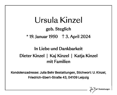 Traueranzeigen Von Ursula Kinzel Trauer Anzeigende
