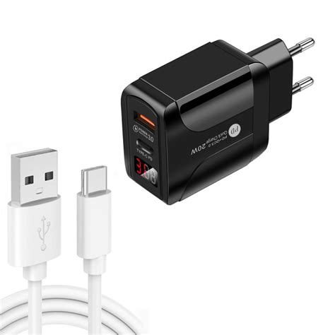 Pd001b Pd30 20w Qc30 Usb Led 디지털 디스플레이 Usb와 Type C 데이터 케이블 Eu 플러그 블랙