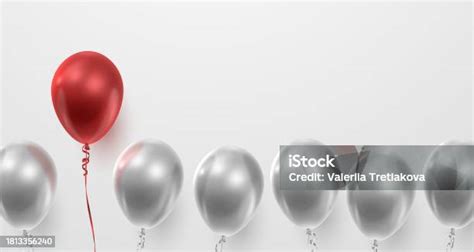 사실적인 은색 빨간색 풍선 및 리본이 있는 배너 구불구불한 모양 카드 파티 디자인 전단지 포스터 장식 배너 웹 광고에 대 한 벡터 일러스트 레이 션 3차원 형태에 대한 스톡