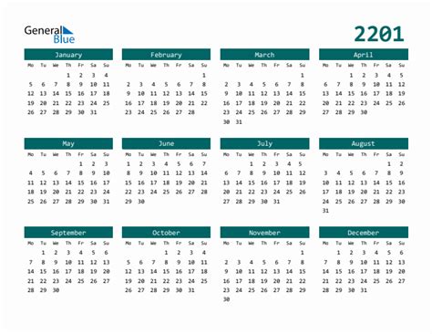 2201 Full Year Calendar With Monday Start