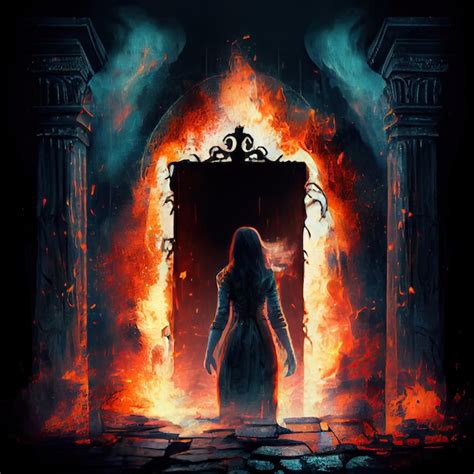 Premium Photo Ghostly Figure Of Girl Standing In Flames At Gate Of Hell