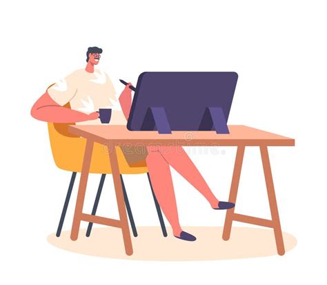 Graphic Designer Male Character Drawing With Stylus On Tablet At Workplace Isolated Cheerful