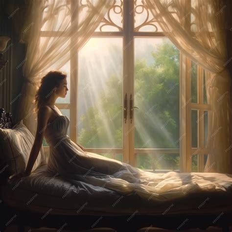 Premium Ai Image A Woman Sitting On A Bed In Front Of A Window With