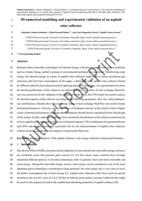 Pdf 3d Numerical Modelling And Experimental Validation Of An Asphalt Solar Collector
