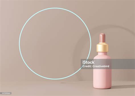 파란색 반지가있는 블랭크 브랜드가없는 화장품 세럼 병 갈색 배경에 스킨 케어 제품 프리젠 테이션 창조적 인 모형 점적기 병