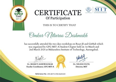 Earned A Workshop Certificate On React Js And Github Omkar Deshmukh