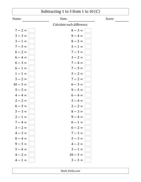 Horizontally Arranged Subtracting 1 To 5 From 1 To 10 50 Questions C