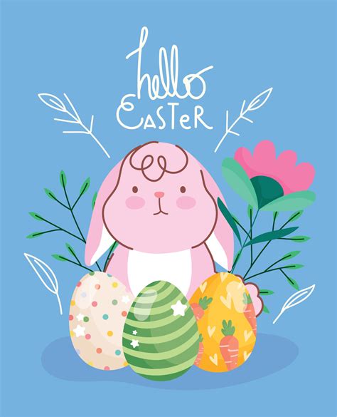 Happy Easter Cute Rabbit Eggs Flowers Foliage Nature Celebration
