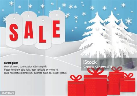โปสเตอร์ขายหรือใบปลิวออกแบบในสไตล์ศิลปะกระดาษที่มีเกล็ดหิมะในเทศกาลคริสต์มาส ภาพประกอบ ภาพประกอบ