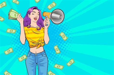 Falling Money Wow Omg 팝 아트 복고 만화 스타일로 성공하고 충격적인 서프라이즈 비즈니스 여성 프리미엄 벡터