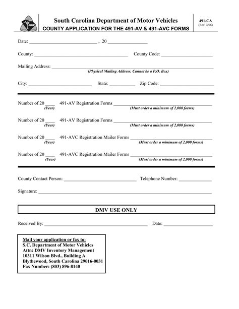 SCDMV Form CA County Application For AV AVC Forms Forms Docs