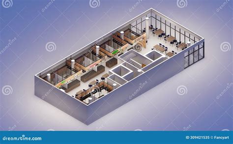 Axonometric 3d Rendering Interior Design Of A Food Hall Stock