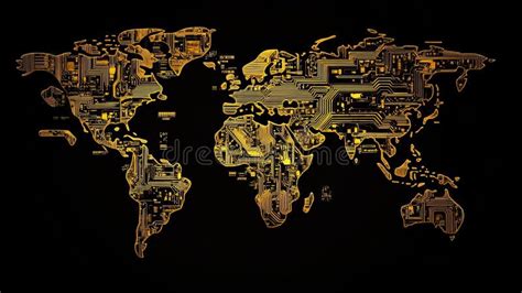 Futuristic World Map With Circuit Patterns On Black Background Stock Illustration Illustration