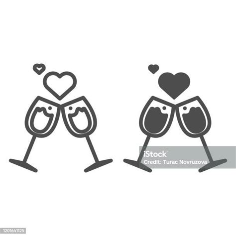 하트 라인과 단단한 아이콘안경 깜박이는 로맨스 샴페인 안경 삽화는 흰색에 고립되어 있습니다 사랑 하트와 두 와인 안경 개요