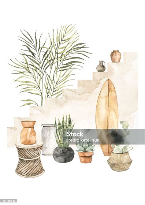 계단 냄비에 가정 식물과 서핑 보드와 현대적인 인테리어의 수채화 그림 열대 분위기 선인장 즙이 많은 홈 장식 미리 만들어진 구성 포스터 인쇄물 잡지 카드에 적합 가구에 대한
