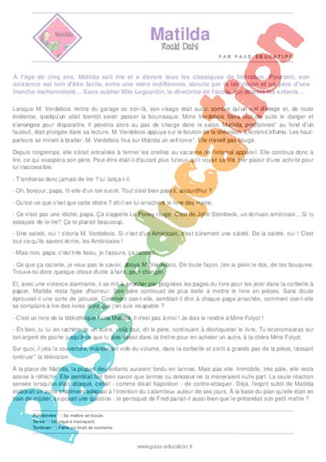Matilda Roald Dahl 5ème Littérature Cycle 4 Pdf à Imprimer