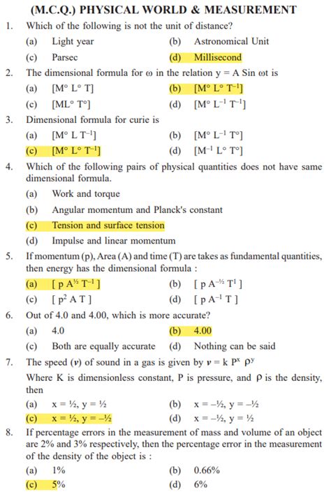 UNIT PHYSICAL WORLD MEASUREMENT Class Physics MCQ Questions