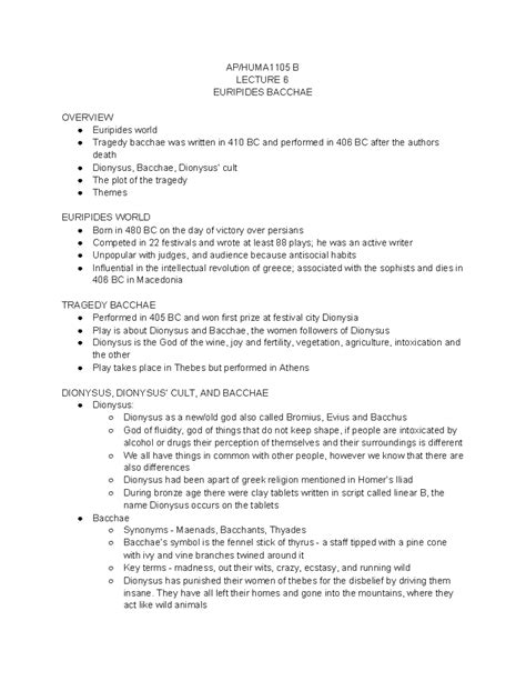 Ap Huma1105 B Lecture 6 Aphuma 1105 B Lecture 6 Euripides Bacchae