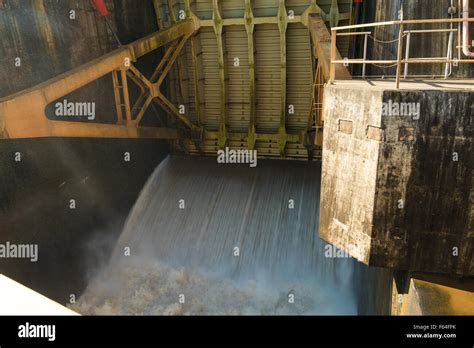 Gate Of Hydroelectric Power Plant Letting Excess Of Water Overflow