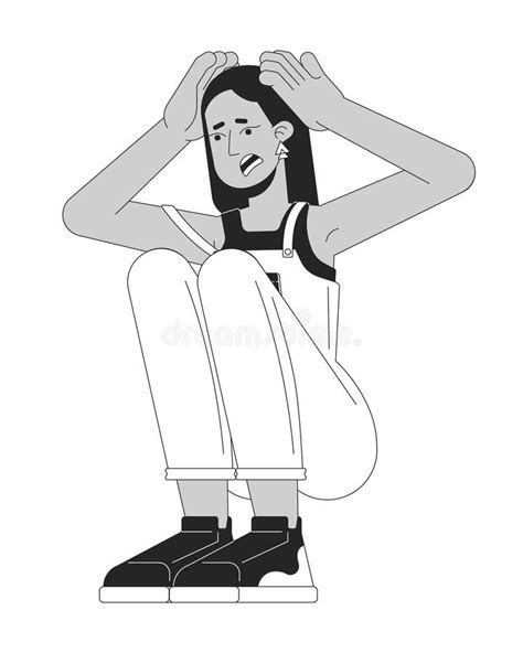 Stressed Arab Woman Covering Head Black And White 2d Line Cartoon