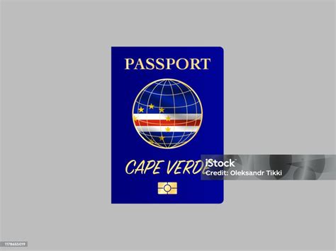 생체 인식 디지털 데이터 칩 사실적인 파란색 커버 아이콘 로고 광고 웹에 대한 황금 글자 벡터 일러스트와 국제 여권 케이프 베르데 국기 국가 지리적 지역에 대한 스톡 벡터