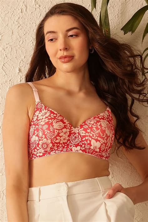 Buy Padded Non Wired Full Cup Floral Print Multiway T Shirt Bra In Red