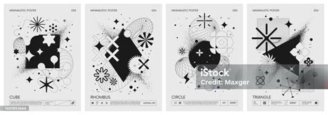 기하학적 모양의 미래 지향적인 복고풍 벡터 미니멀리즘 포스터는 먼지와 이상한 와이어프레임 그래픽 피규어 잔혹함과 실루엣 기본
