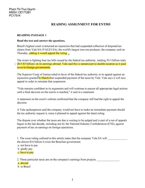 Ent503 Reading Assignment Reading Assignment For Ent Reading Passage