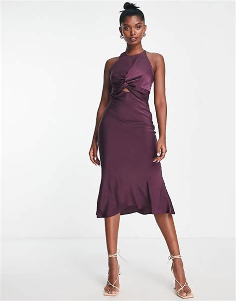 Asos Design Knot Front Satin Midi Dress With Tie Back Detail In Wine Asos