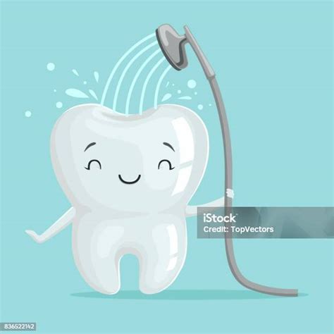 귀여운 웃는 건강 한 흰 만화 치아 캐릭터 샤워 구강 치과 위생 어린이 치과 개념 벡터 일러스트 레이 션 귀여운에 대한 스톡