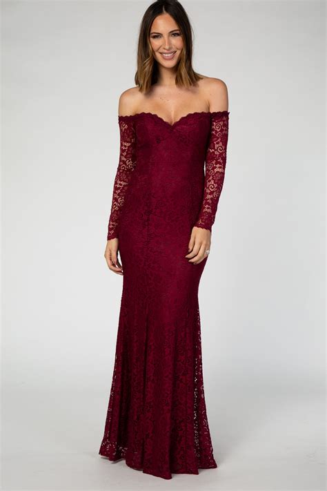 Pinkblush Burgundy Lace Off Shoulder Long Sleeve Maternity Maxi Dress