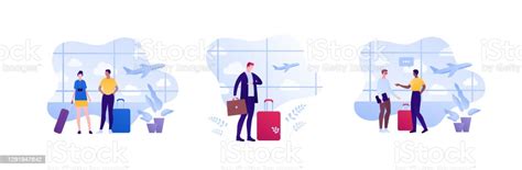 세계 여행 국제 관광 및 비즈니스 개념 벡터 플랫 피플 일러스트레이션 세트입니다 공항 배경에 수하물 가방과 서류 가방을 가진