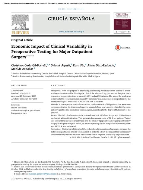 Pdf Economic Impact Of Clinical Variability In Preoperative Testing