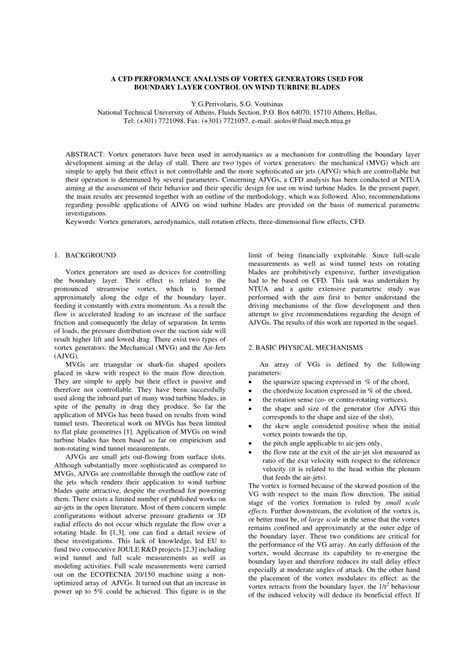Pdf A Cfd Performance Analysis Of Vortex Generators Used For Boundary Layer Control On Wind