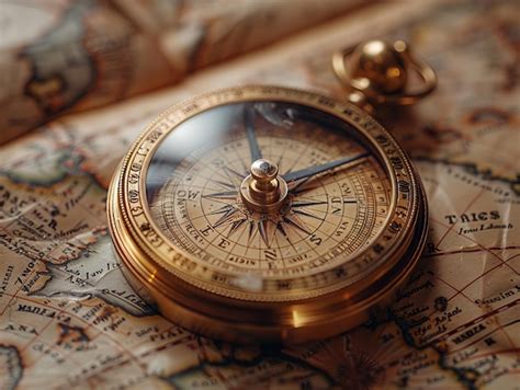 Premium Photo A Gold Compass On An Old Map
