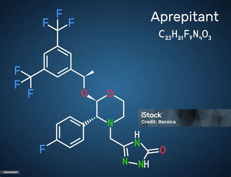 아프레피탄트 약물 분자 화학 요법 및 수술로 인한 메스꺼움 및 구토를 치료하는 데 사용됩니다 진한 파란색 배경에 구조 화학식 0명에 대한 스톡 벡터 아트 및 기타 이미지