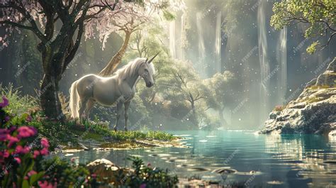 Premium Photo A White Unicorn Standing In A Magical Forest By A