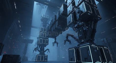 Futuristic Robotic Assembly Line In A Dark Industrial Sci Fi Factory Stock Illustration