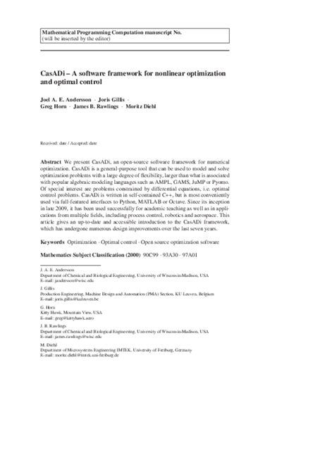 Pdf Casadi A Software Framework For Nonlinear Optimization And