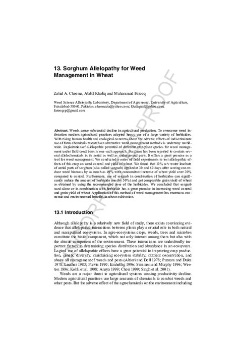 Pdf Sorghum Allelopathy For Weed Management In Wheat