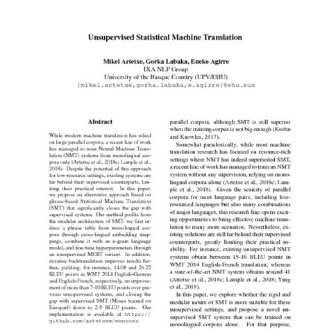 Unsupervised Statistical Machine Translation Acl Anthology