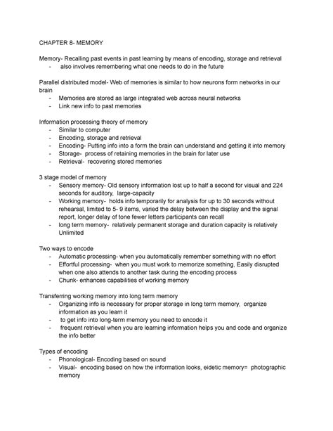 Chapter Memory Lecture Notes CHAPTER MEMORY Memory Recalling Past Events In Past