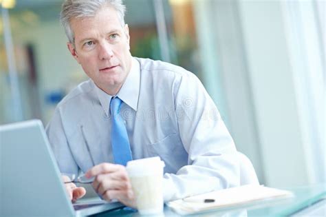 Mature Laptop And Business Man Thinking Of Idea Or Planning Sales Project In Office Vision