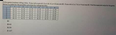 Solved A Dice Game Involves Rolling 2 Dice If You Roll A Sum Of 2 3