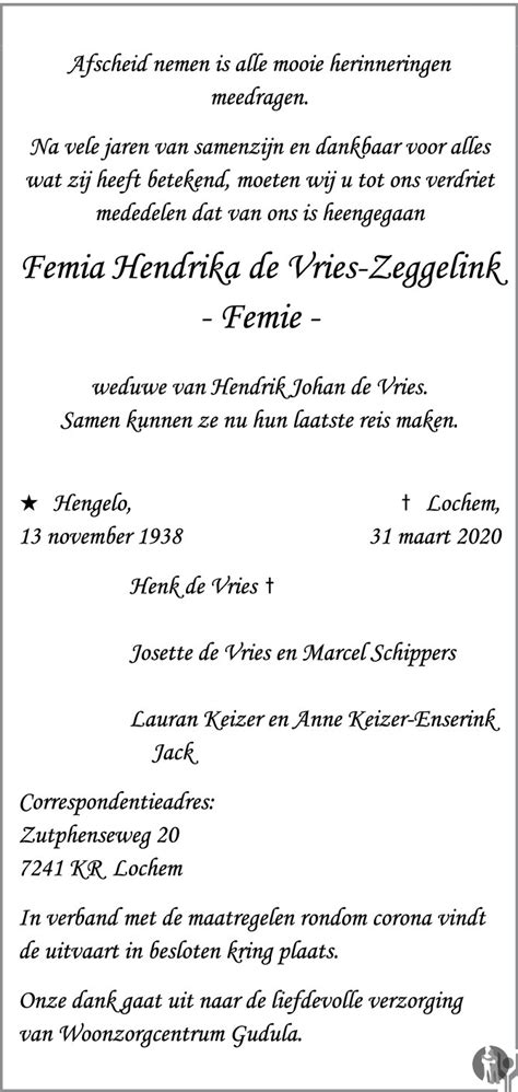 Femia Hendrika Femie De Vries Zeggelink 31 03 2020 Overlijdensbericht