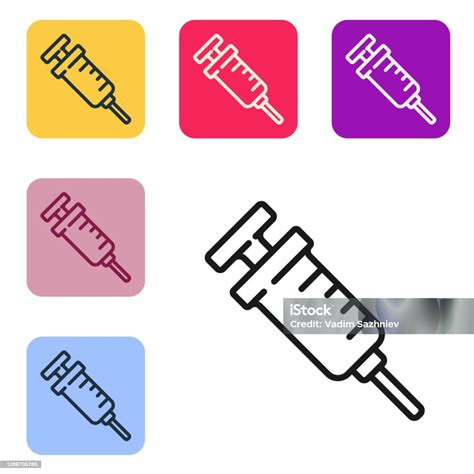 흰색 배경에 격리 된 검은 줄 Gmo 주사기 아이콘 유전자 변형 된 유기체 약어 Dna 음식 수정 색상 정사각형 단추로 아이콘을