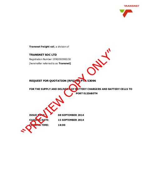 Fillable Online Transnet Request For Quotation No PTH 53096 Fax Email