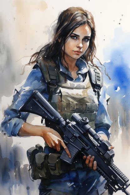 Watercolor Illustration Of Israeli Patriot Girl In Military Uniform
